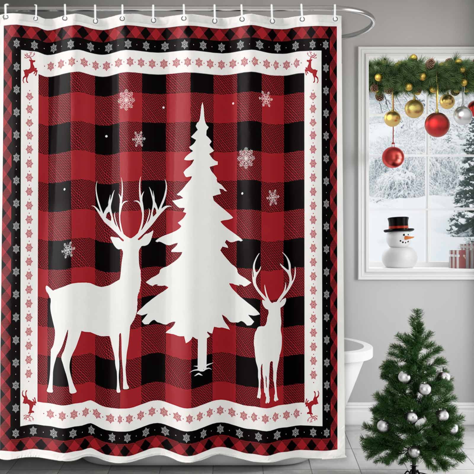 Christmas Deer Shower Curtains for Bathroom, Tree Black Silhouette ...