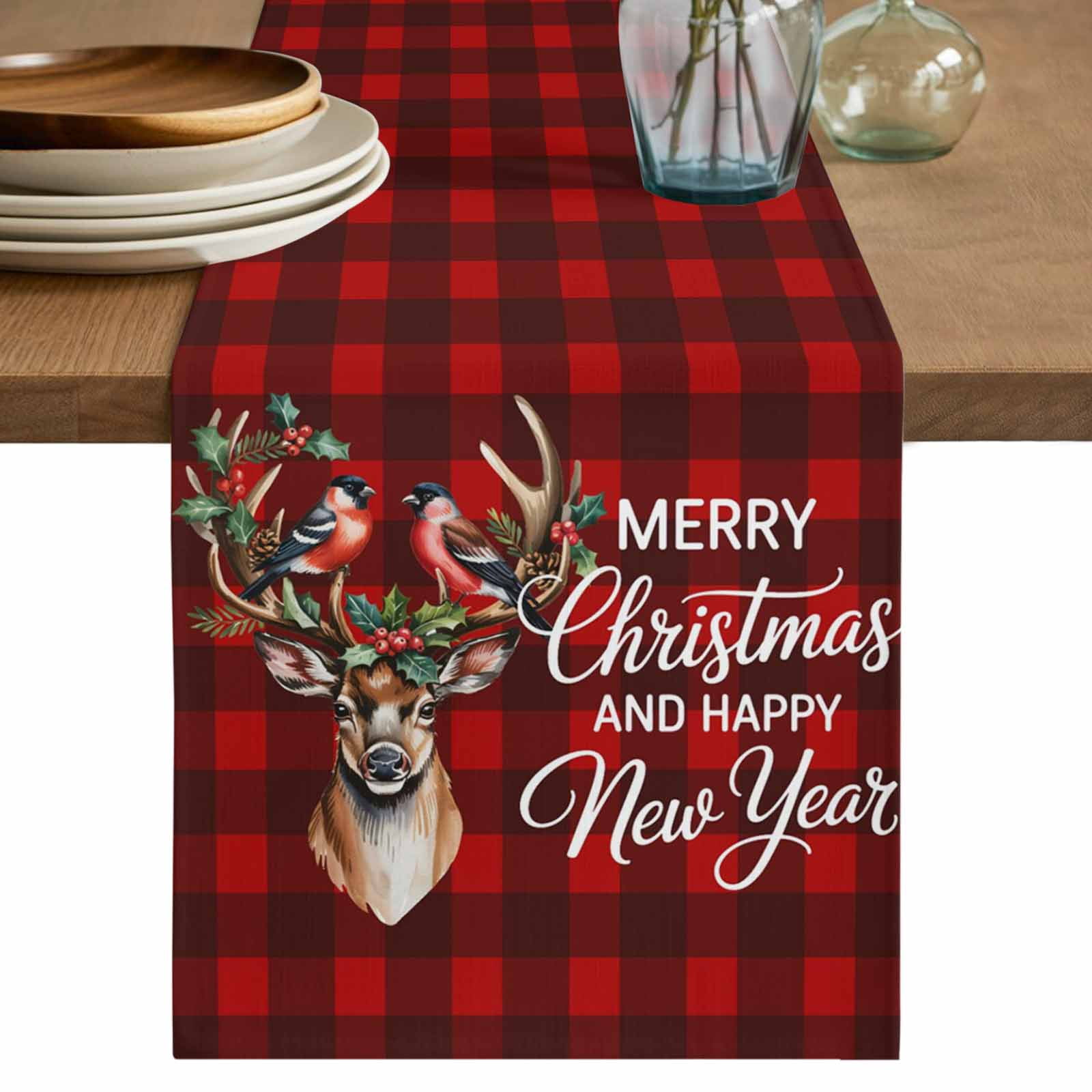 Christmas Deer Table Runner 108 Inches, Red Black Buffalo Plaid Xmas ...
