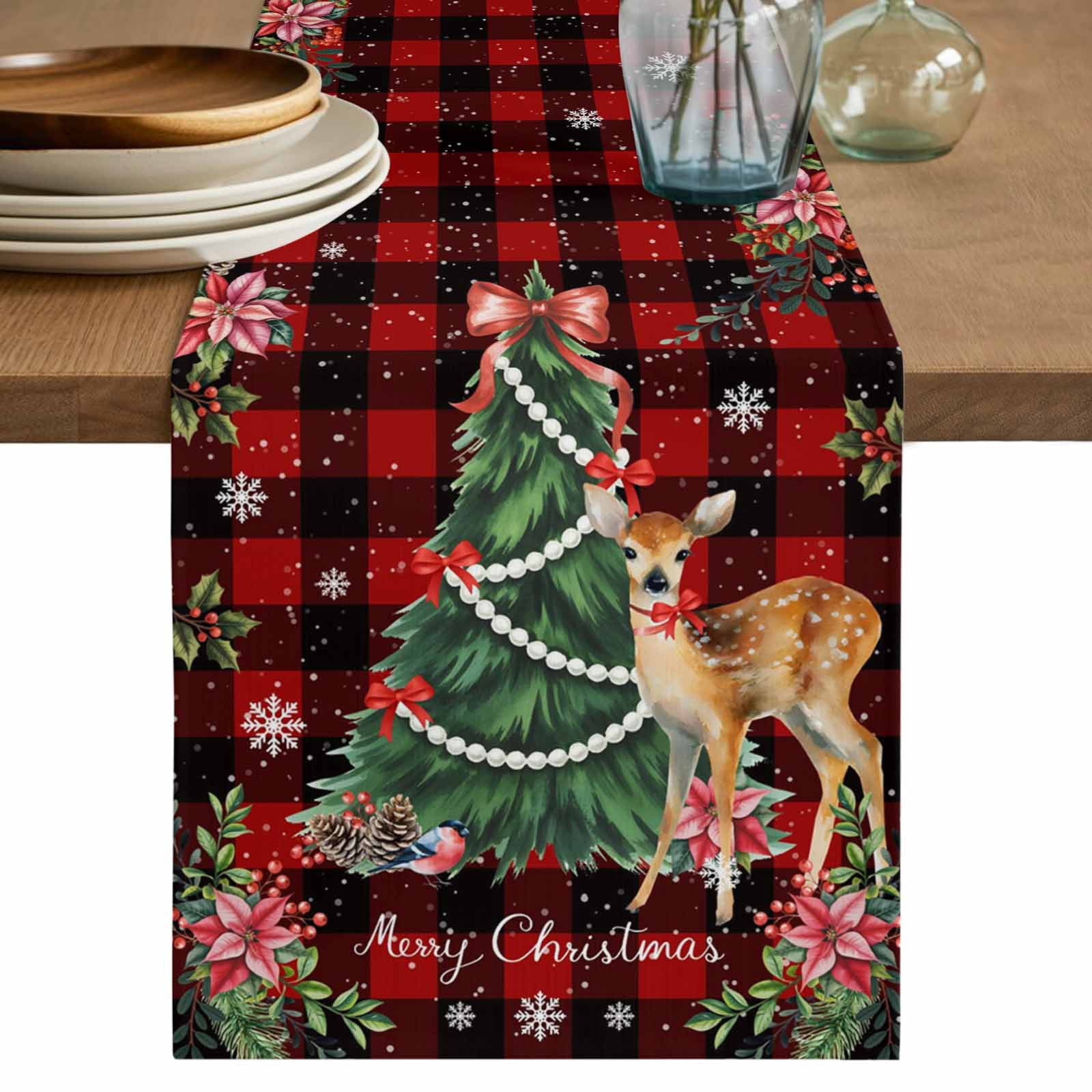 Christmas Deer Table Runner 60 Inches, Winter Xmas Snowflakes Bow Tree ...