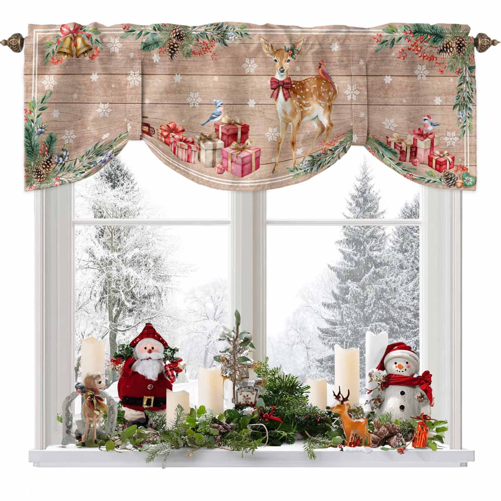 Christmas Deer Tie Up Valances Curtain, Xmas Gift Bells Pine Cone Brown Wood Grain Adjustable ...