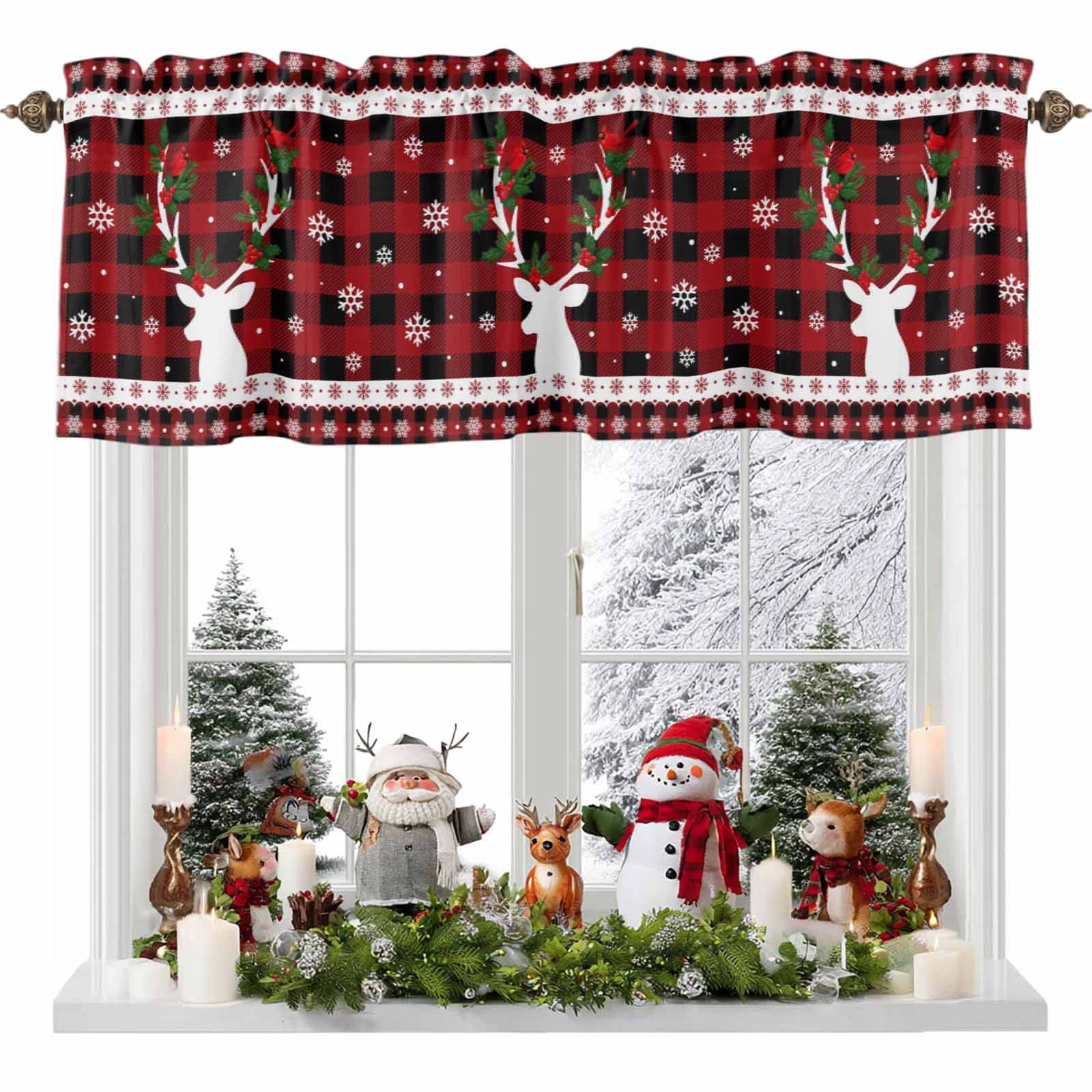 Christmas Deer Valances for Windows, 42 x 18in, Snowflake Cardinal ...