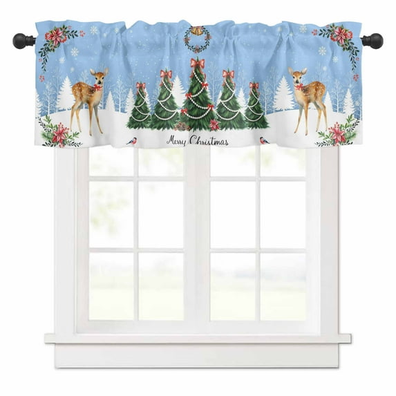 Christmas Deer Valances for Windows Tree Flowers Snowflake Winter Blue ...