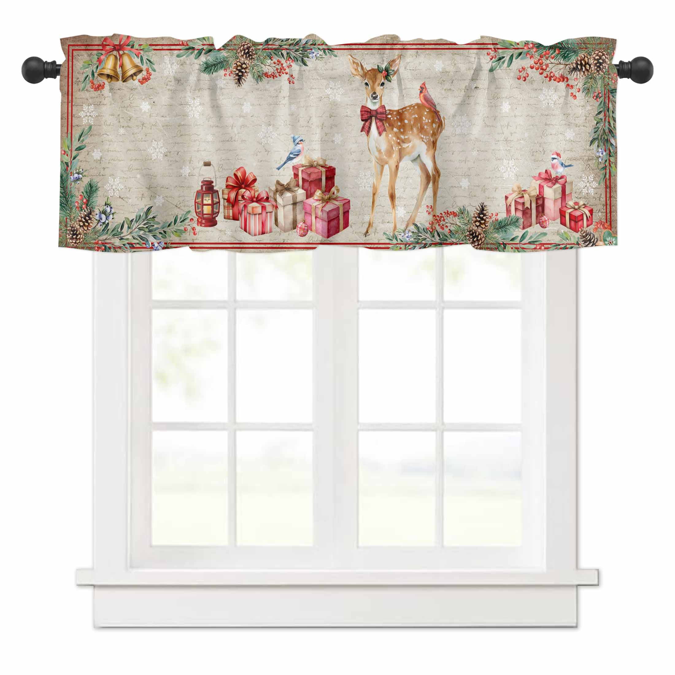 Christmas Deer Valances for Windows Xmas Gift Bells Pine Cone Vintage ...