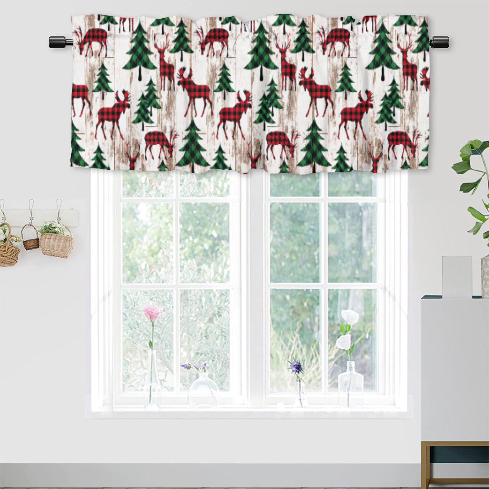 Christmas Deer Valances for Windows Elk Xmas Trees Rustic Wooden Cabin ...