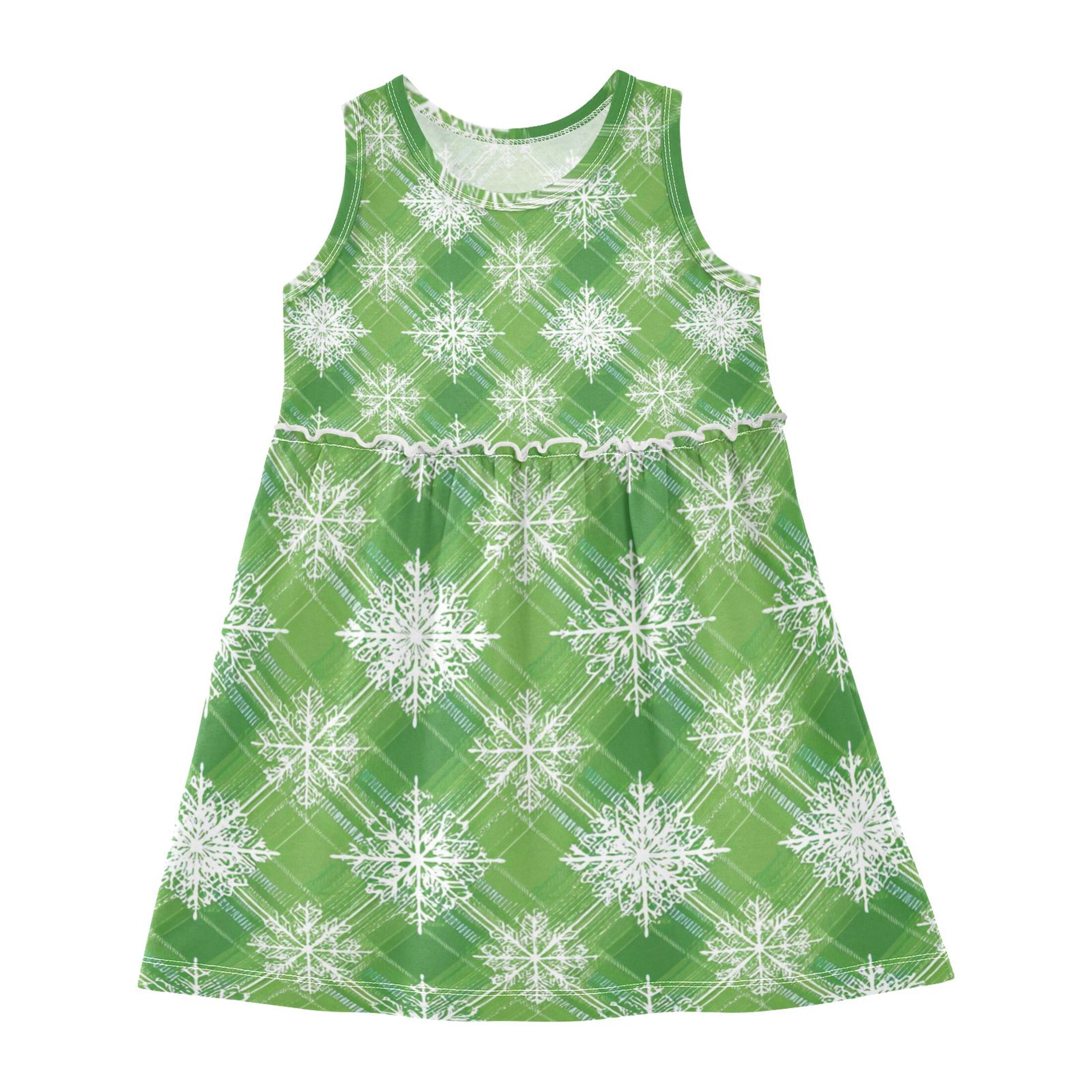 Christmas Diagonal Green Plaids Snowflakes Sleeveless Dress A-Line One ...
