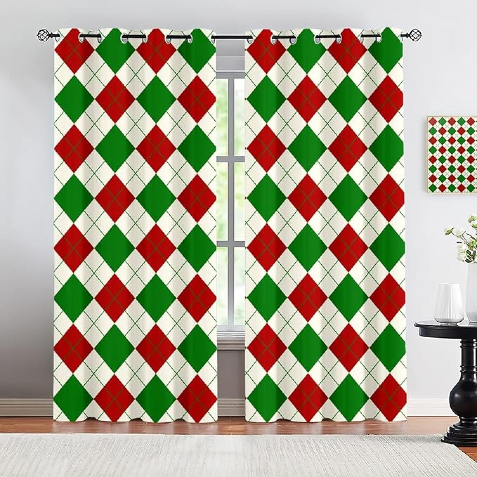 Christmas Diamond Pattern Curtains For Bedroom, Green And Red Geometric ...