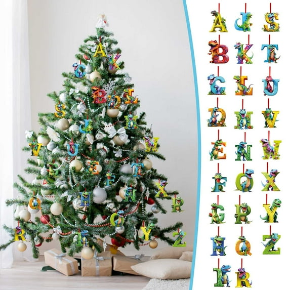 Christmas Dinosaur Alphabet Ornament Set,26 Letters with Red String ...