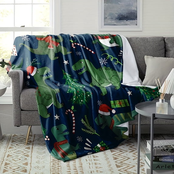 Christmas Dinosaur Blanket - Festive Green Dino with Santa Hat, Blue ...