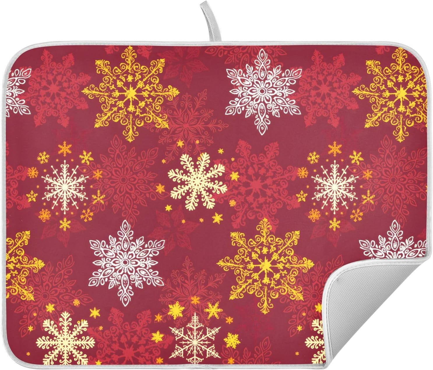 Christmas Dish Drying Mat Golden Snowflakes Red Snow Dish Drainer Mat ...