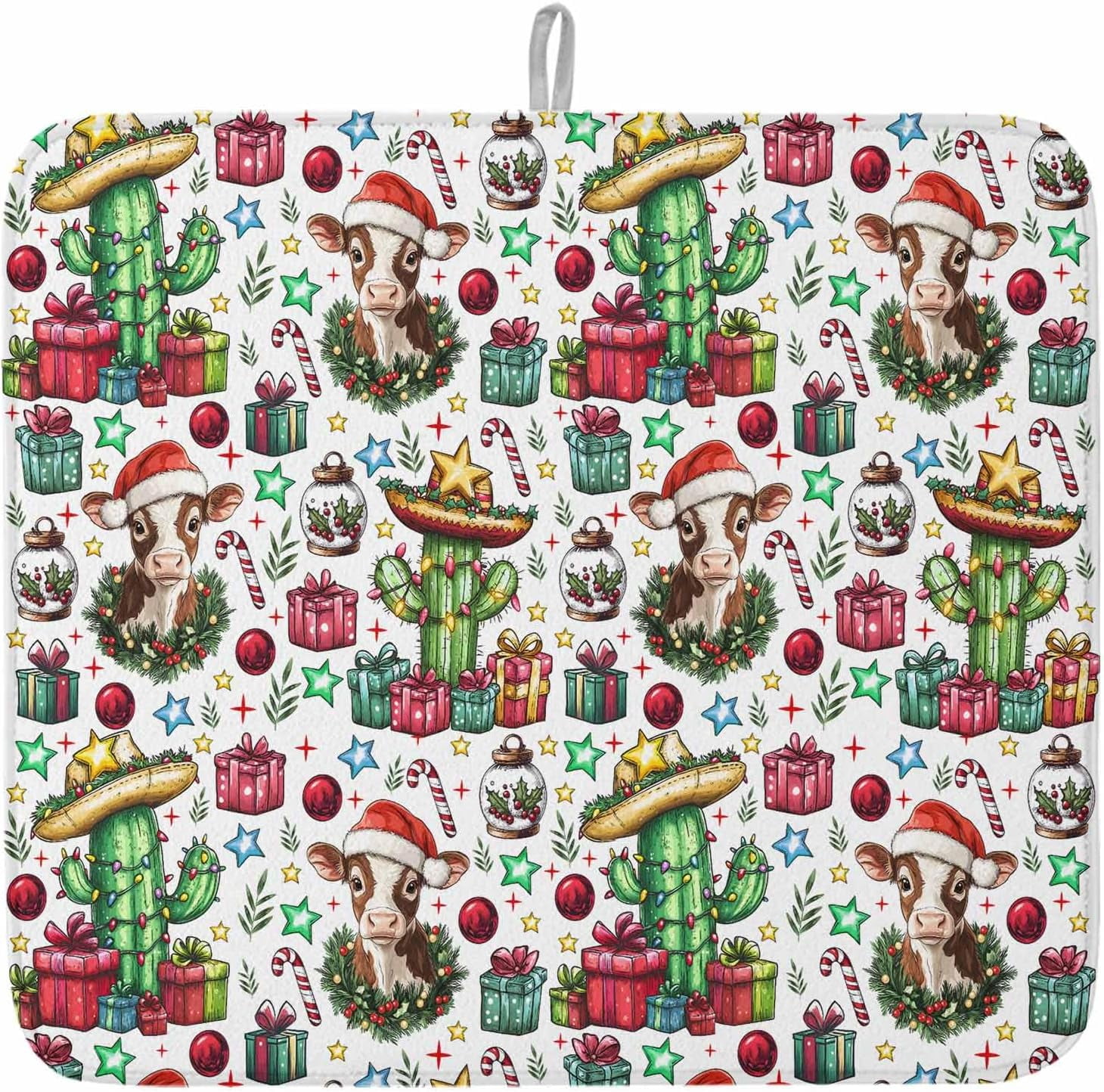 Christmas Dish Drying Mat for Kitchen Counter, Western Cow Cactus Xmas ...