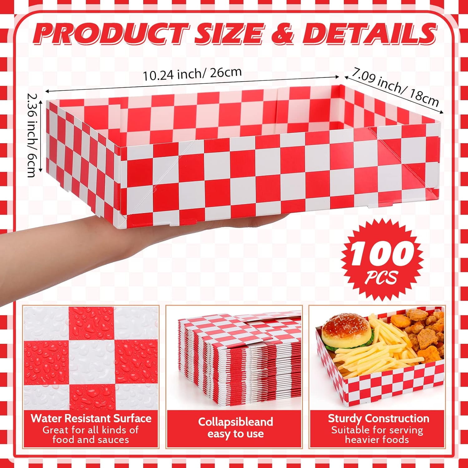 Christmas Disposable Red Checkered Cardboard Food Tray 10.24 x 7.09 x 2 ...