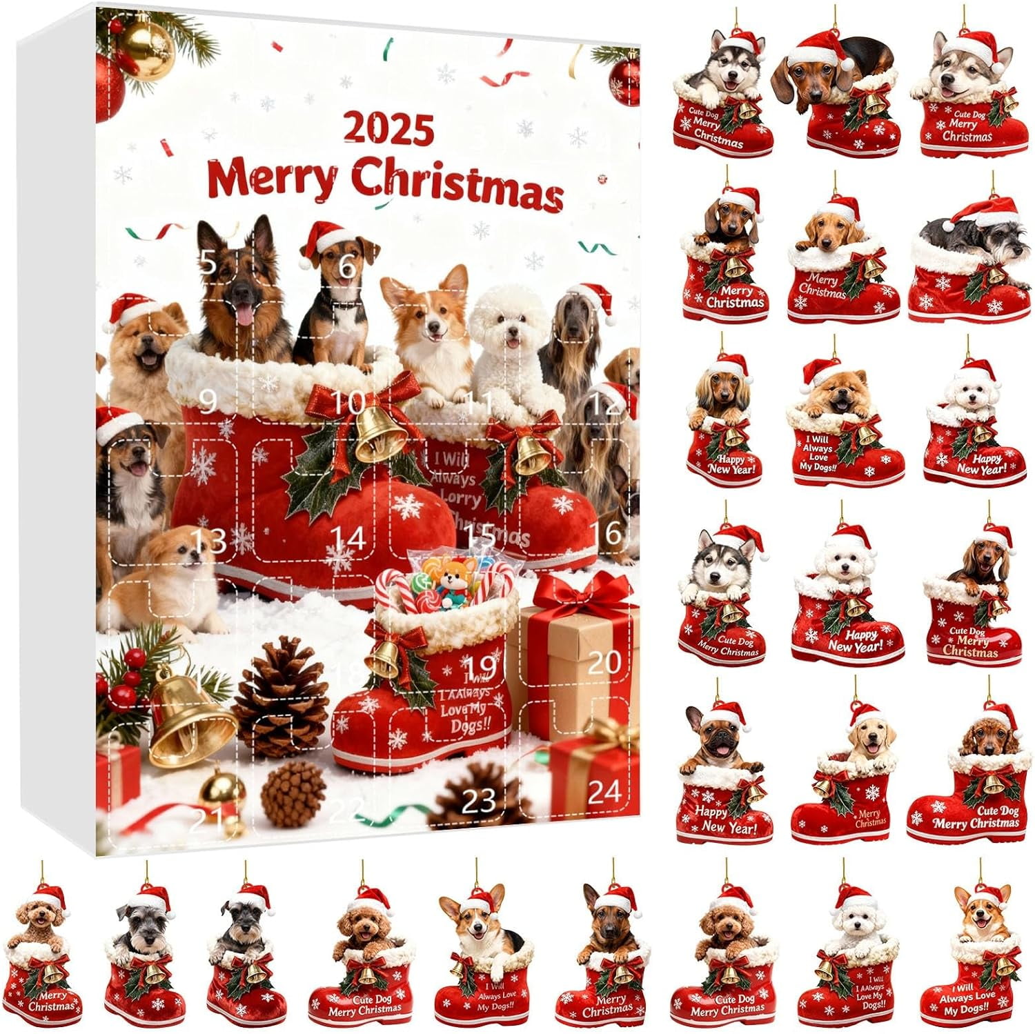 Christmas Dog Advent Calendar 2025, 24 Bootie Dog Xmas Ornaments, 2D ...