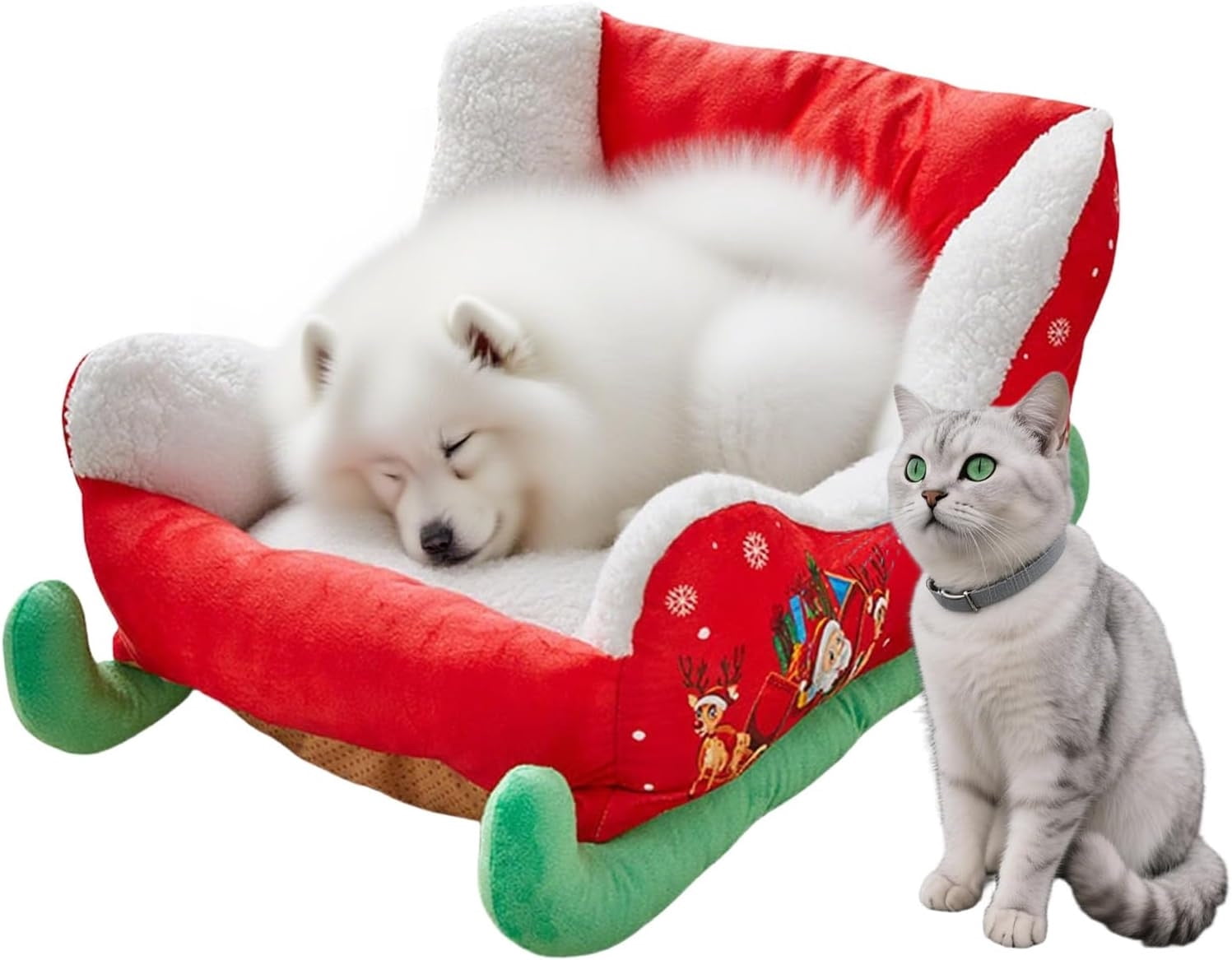 Christmas Dog Bed Pet Red Sleigh Cat Sofa with Plush Synthetic Fur ...