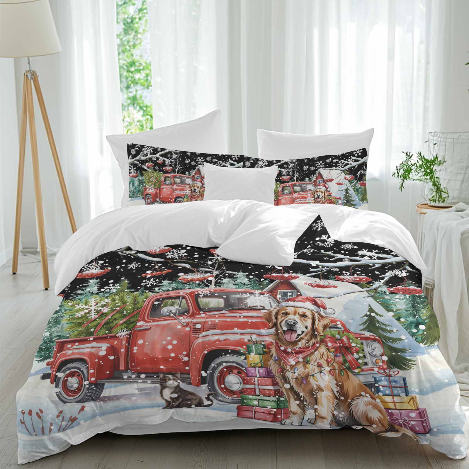 Christmas Dog Comforter Set Full Size, Winter Truck Pine Tree Berry ...
