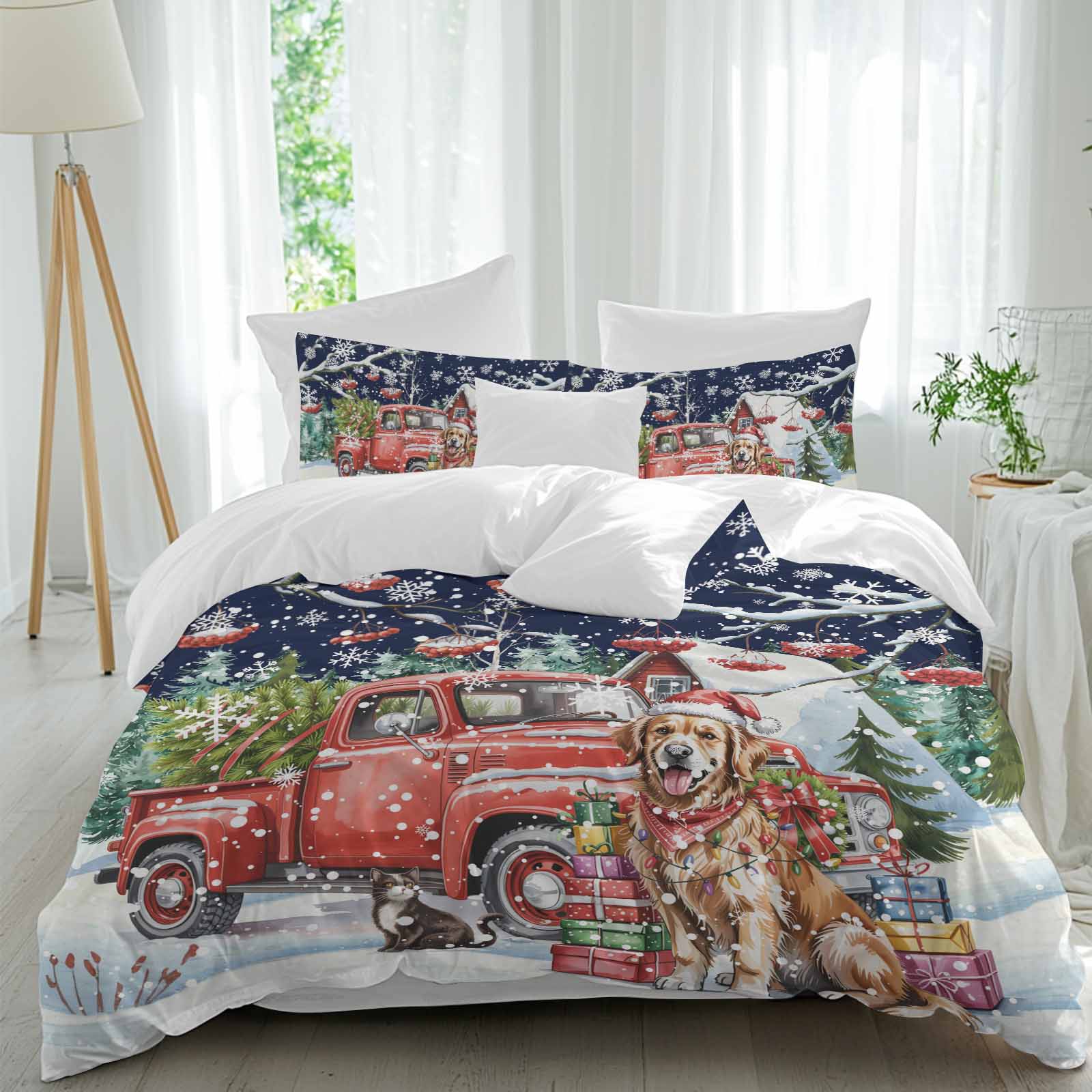 Christmas Dog Comforter Set Queen Size, Winter Truck Pine Tree Berry ...