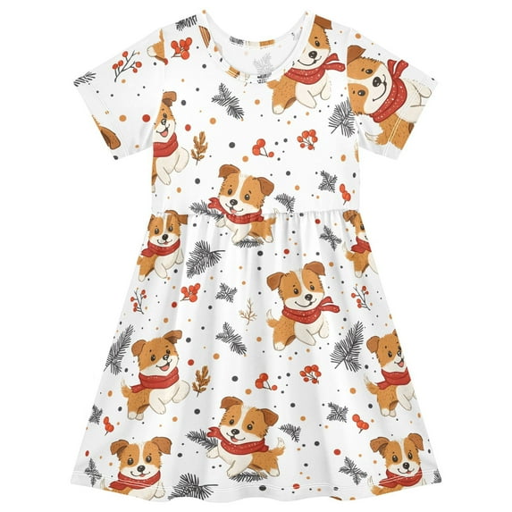 Christmas Dog Foliage Short Sleeve Dress A-Line Cute Midi Casual ...