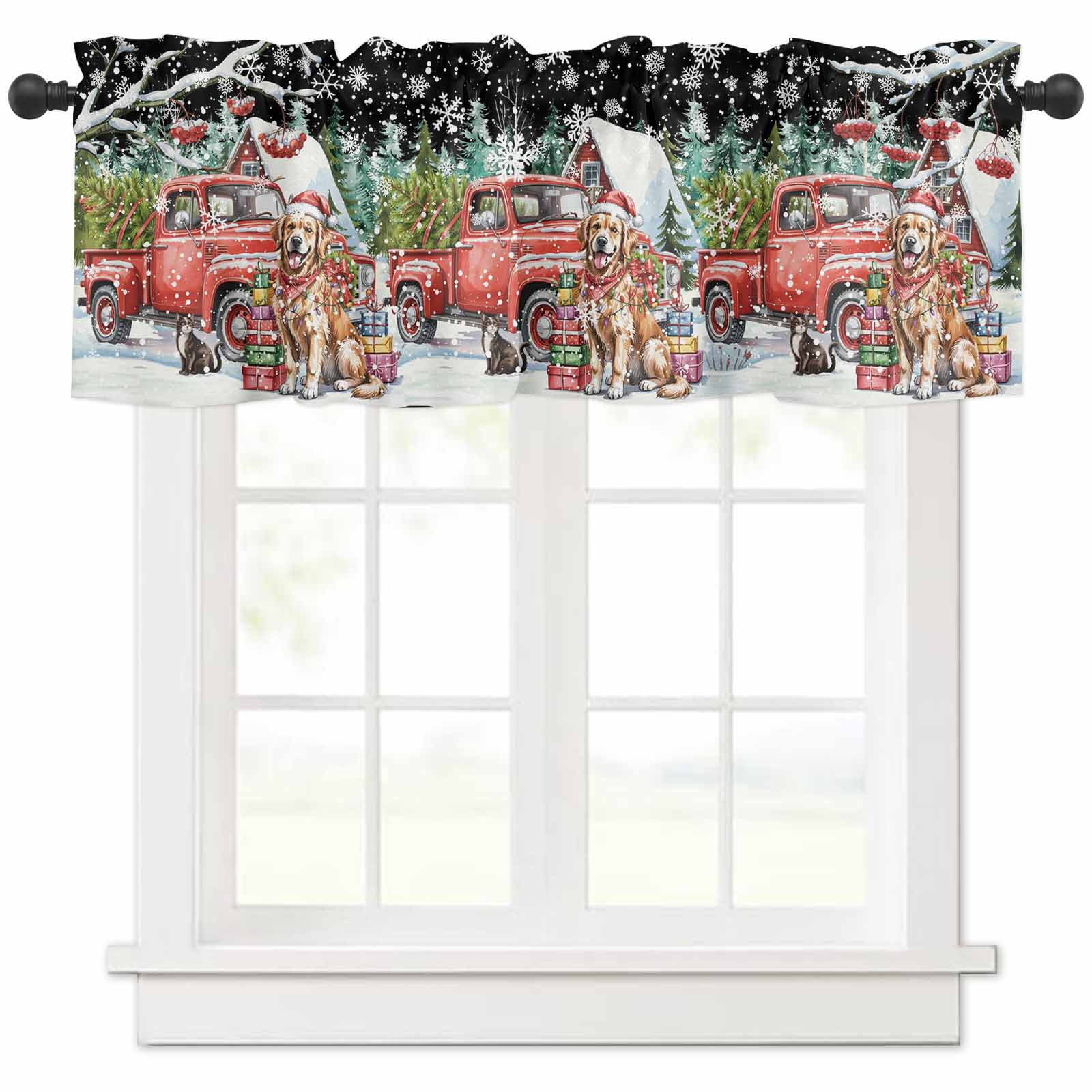 Christmas Dog Valances for Windows, Winter Truck Pine Tree Berry ...