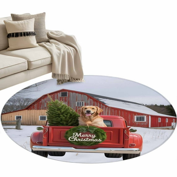 Christmas Dogs Round Area Rug 3ft Xmas Trucks Tree Red House Winter ...