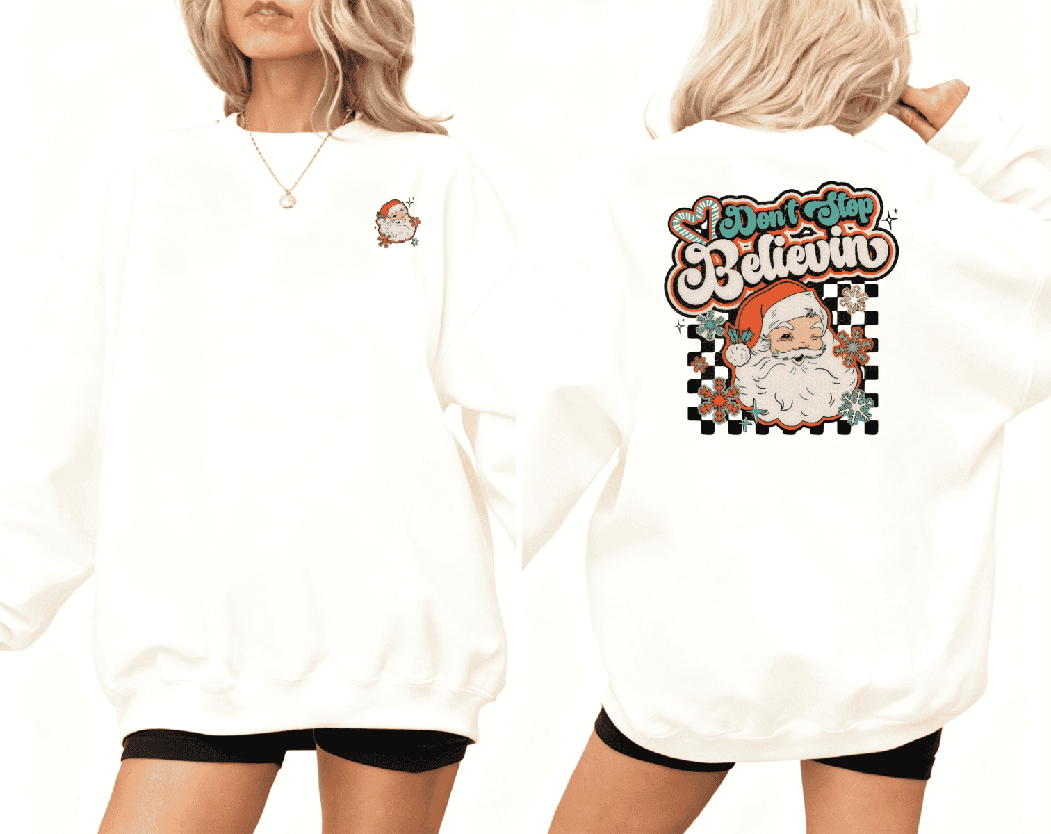 Christmas Don't Stop Believin Checkered Santa Tee T-Shirt Print ...
