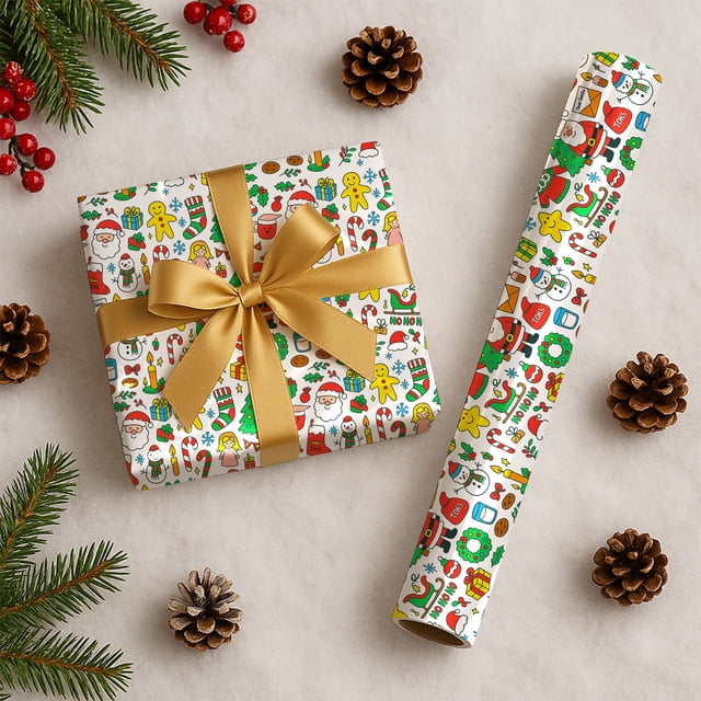 Christmas Doodle Pattern Christmas Wrapping Paper Rolls, Christmas ...