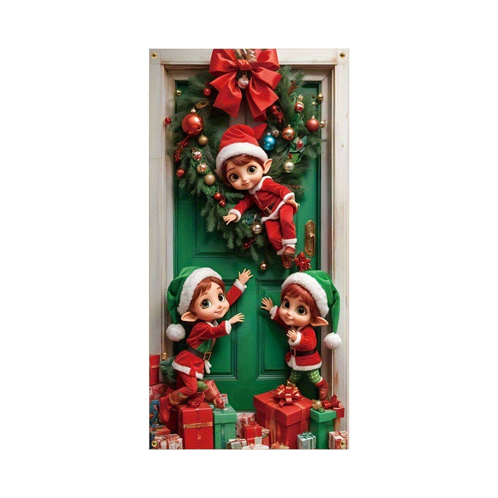 Christmas Door Cover Christmas Elf Wreath Hanging Banner Backdrop ...