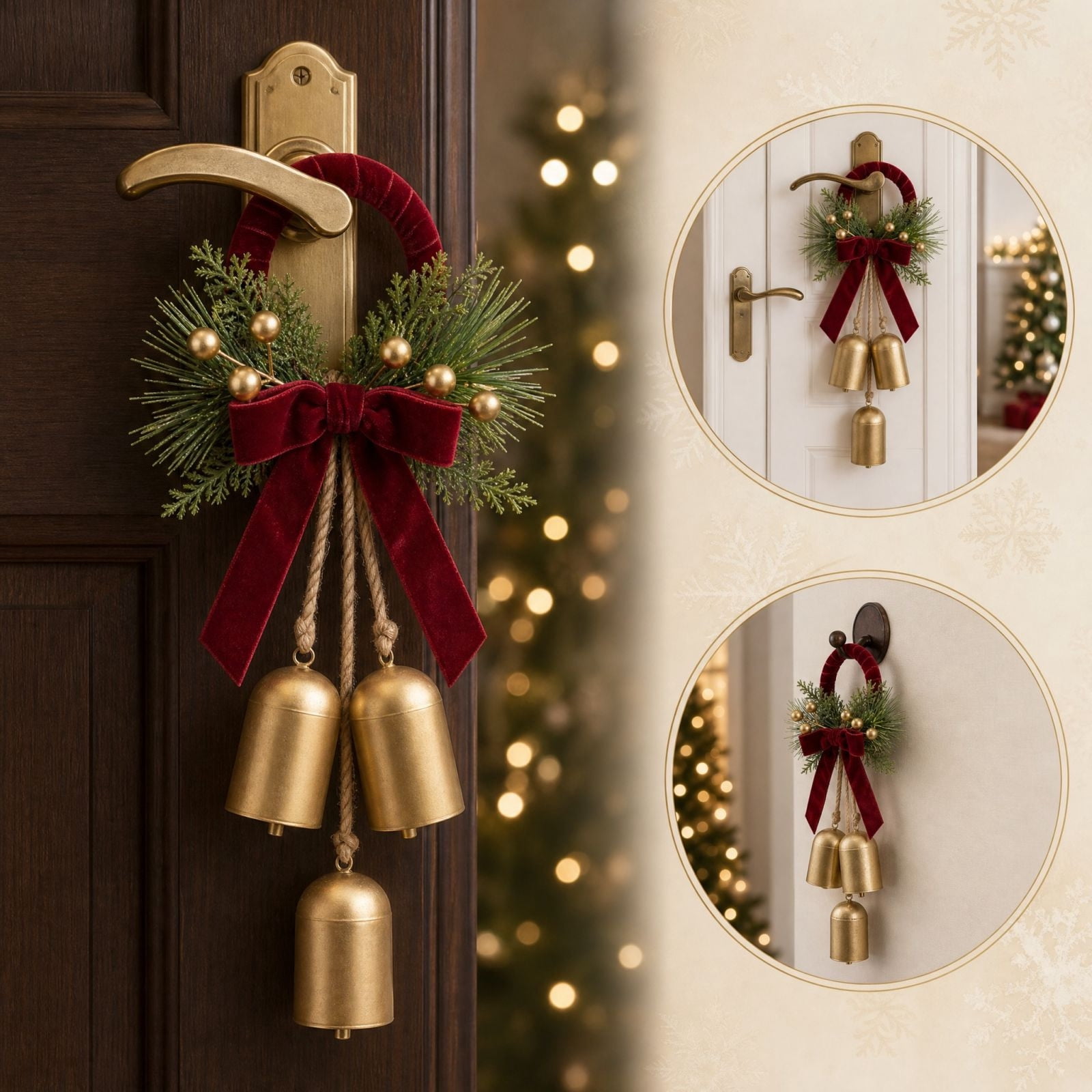 Christmas Door Hanger with Decorative Bow and Bells for Doors, Cabinets ...
