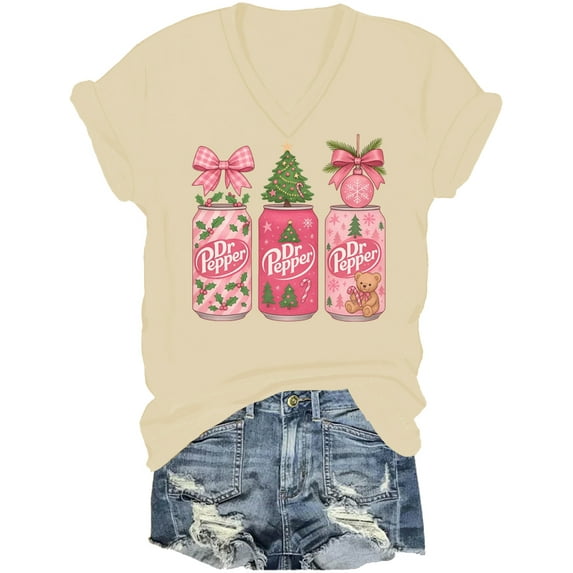 Christmas Dr Pepper Vneck Shirt Pink Bow Festive Holiday T-Shirt Coquette Bow Coke Tshirt ...