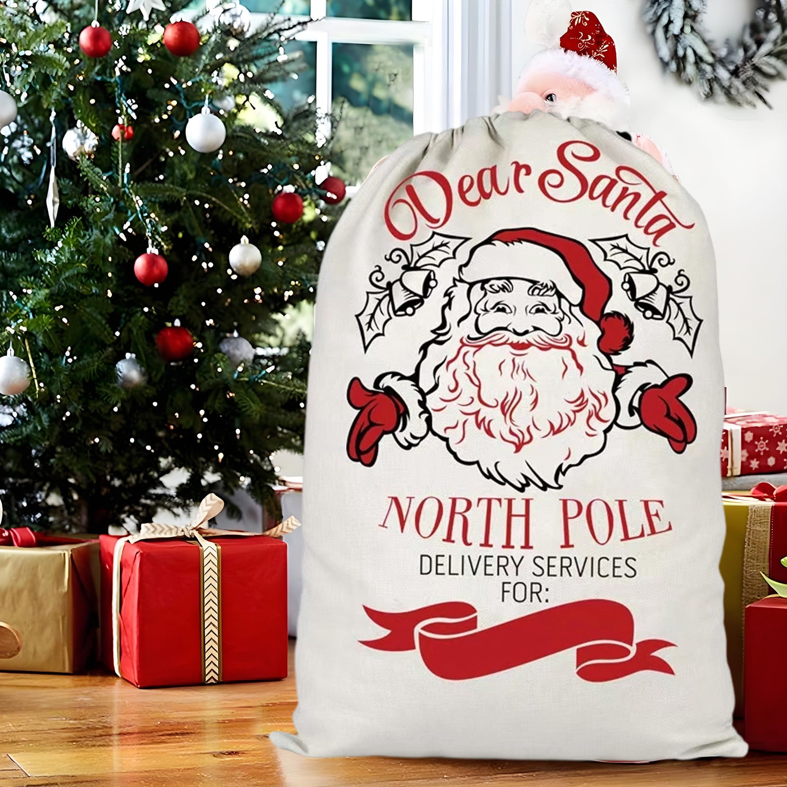 Christmas Drawstring Gift Bag Large Santa Sack Reusable Fabric Present ...