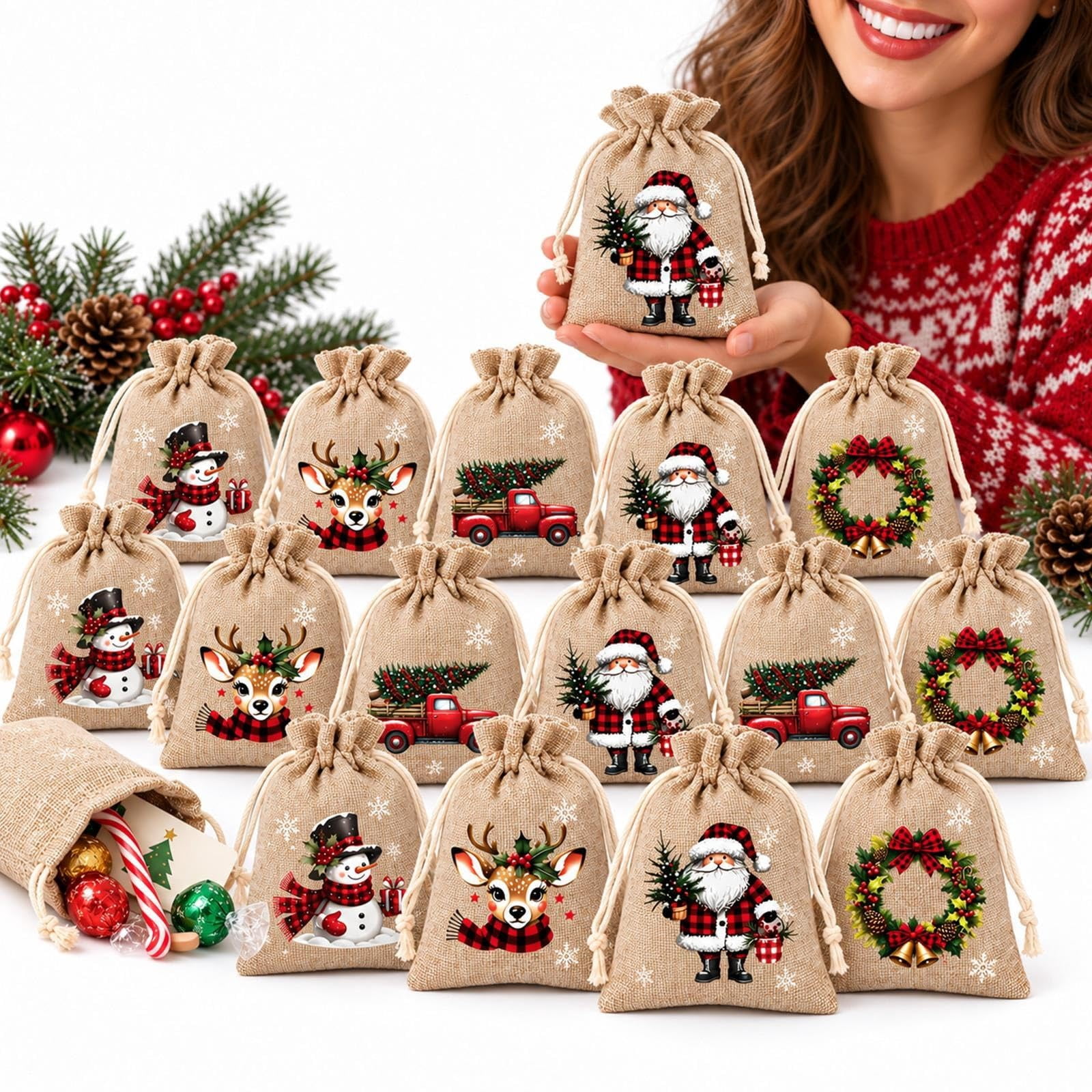 Christmas Drawstring Gift Bags, Small Burlap-Style Pouches, 4 X 5.9 In ...