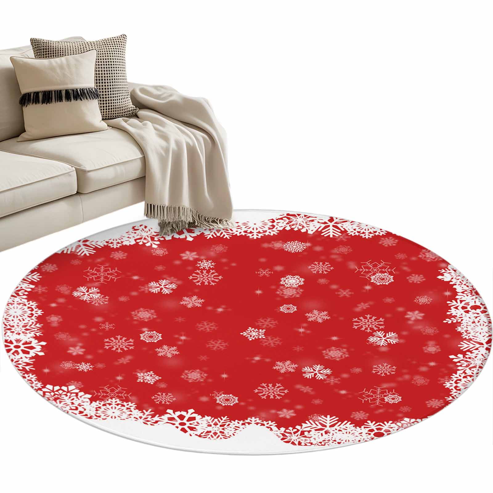 Christmas Dreamlike Round Area Rug 4ft Winter Snowflake Red Background ...