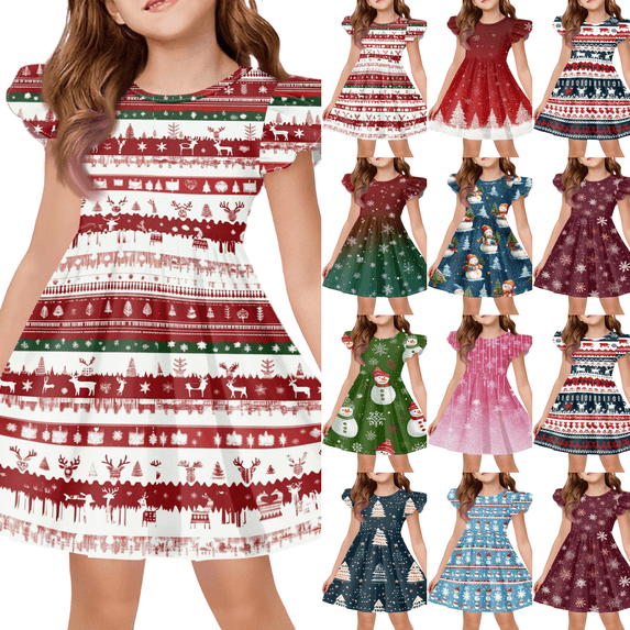 Christmas Dress for Girls Cute Print Flutter Sleeve A Line Holiday ...