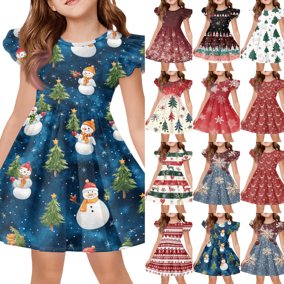 Christmas Dress for Girls Cute Print Flutter Sleeve A Line Holiday ...