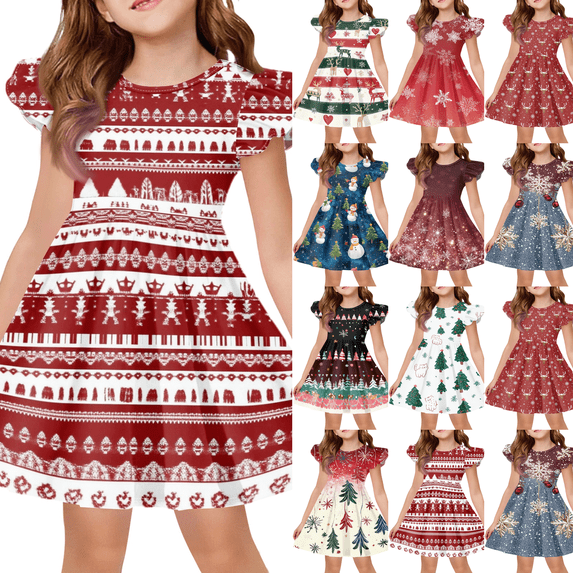 Christmas Dress for Girls Cute Print Flutter Sleeve A Line Holiday ...