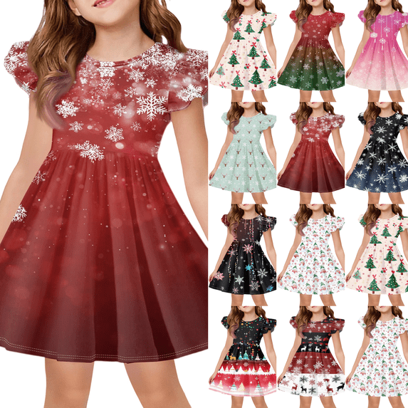 Christmas Dress for Girls Cute Print Flutter Sleeve A Line Holiday ...