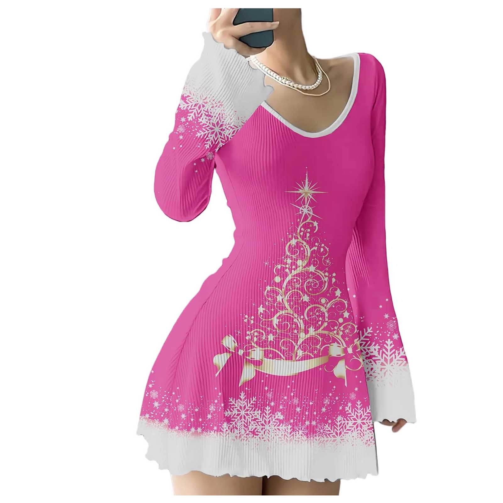 Christmas Dress for Women Snowflake Print Long Sleeve V Neck Red Ruffle ...
