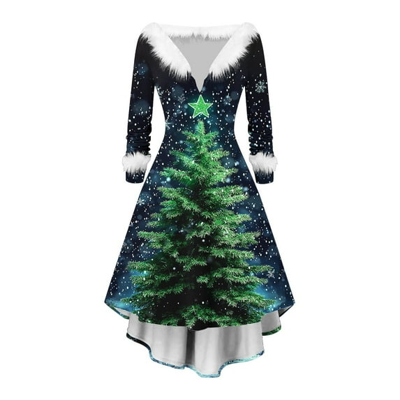 Christmas Dress for Women V Neck Long Sleeve Slim High and Low Hem A ...