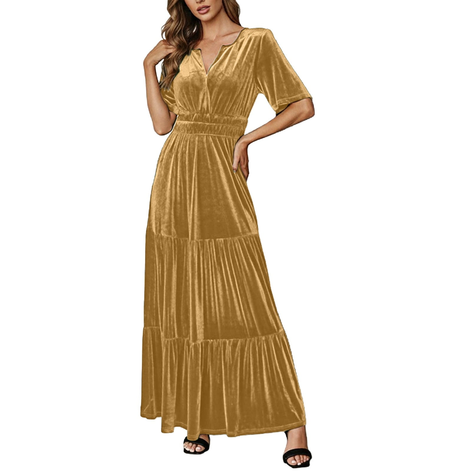 Christmas Dress for Women V-Neck Short Sleeve Dress Womens Yellow Dress ...