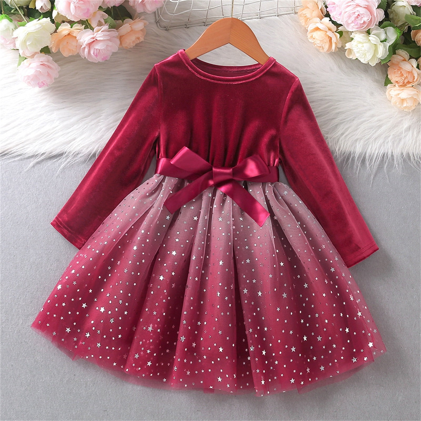 Christmas Dresses For Girls Long Sleeve Bowknot Patchwork Star Tulle - Walmart.com