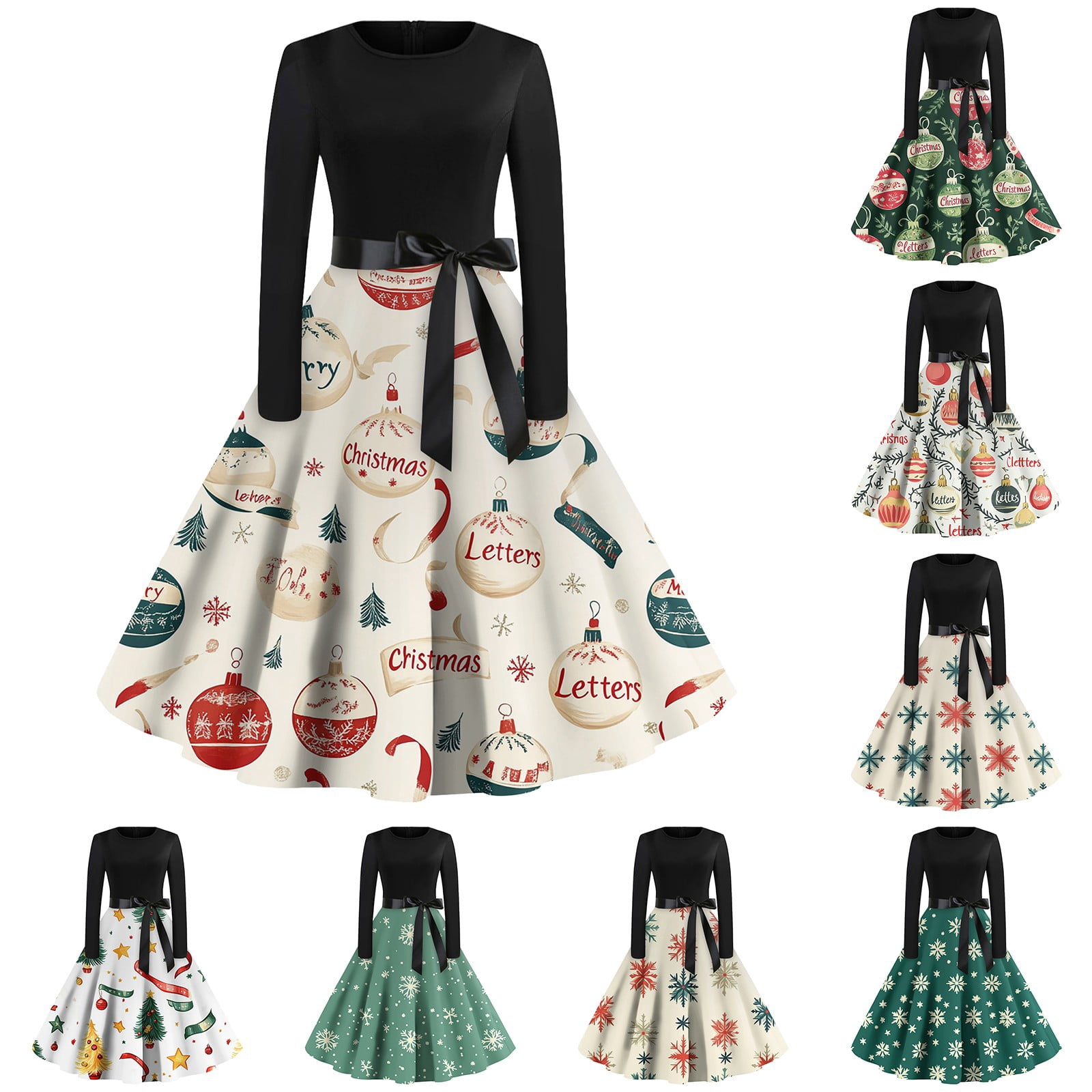 Christmas Dresses for Women Women's Christmas Printed Long Sleeve Round ...