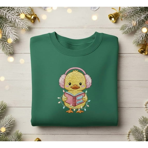 Christmas Duck Reading Sweatshirt, Cute Bookish Embroidery, Cozy Holiday Animal Sweater Gift ...