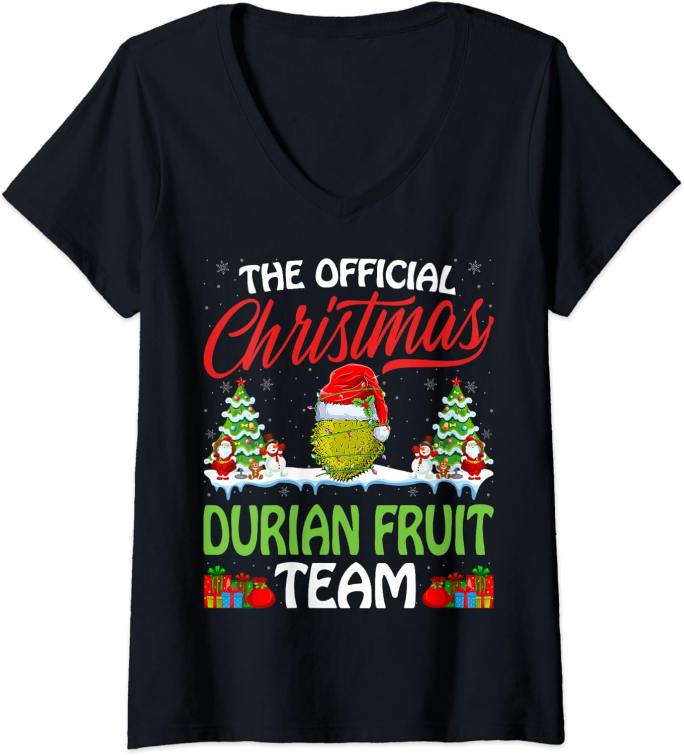 Christmas Durian Fruit Team - Durian Fruit Wearing Santa Hat V-Neck T ...