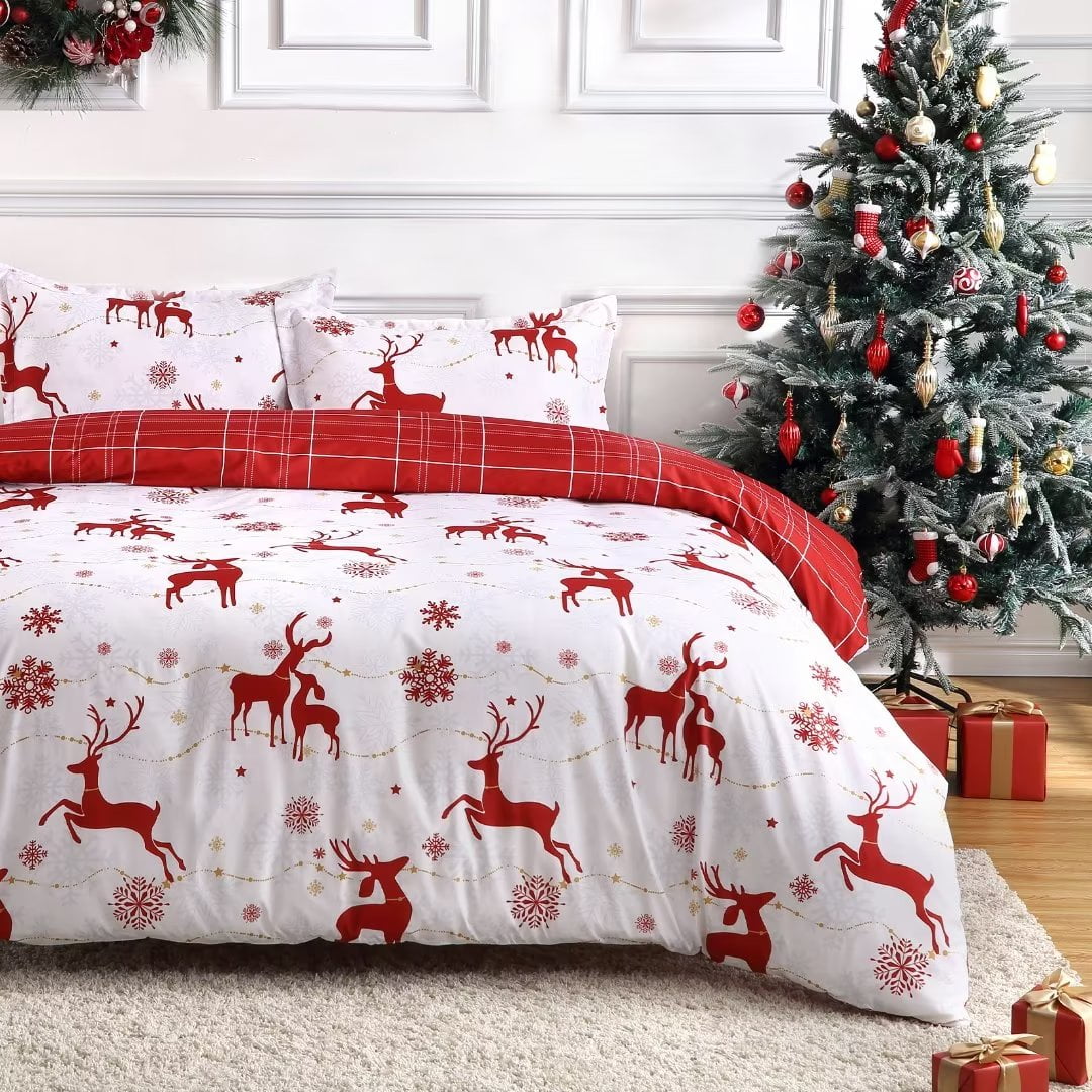 Christmas Duvet Cover Set with 2 Pillowcases, Reindeer Snowflake ...