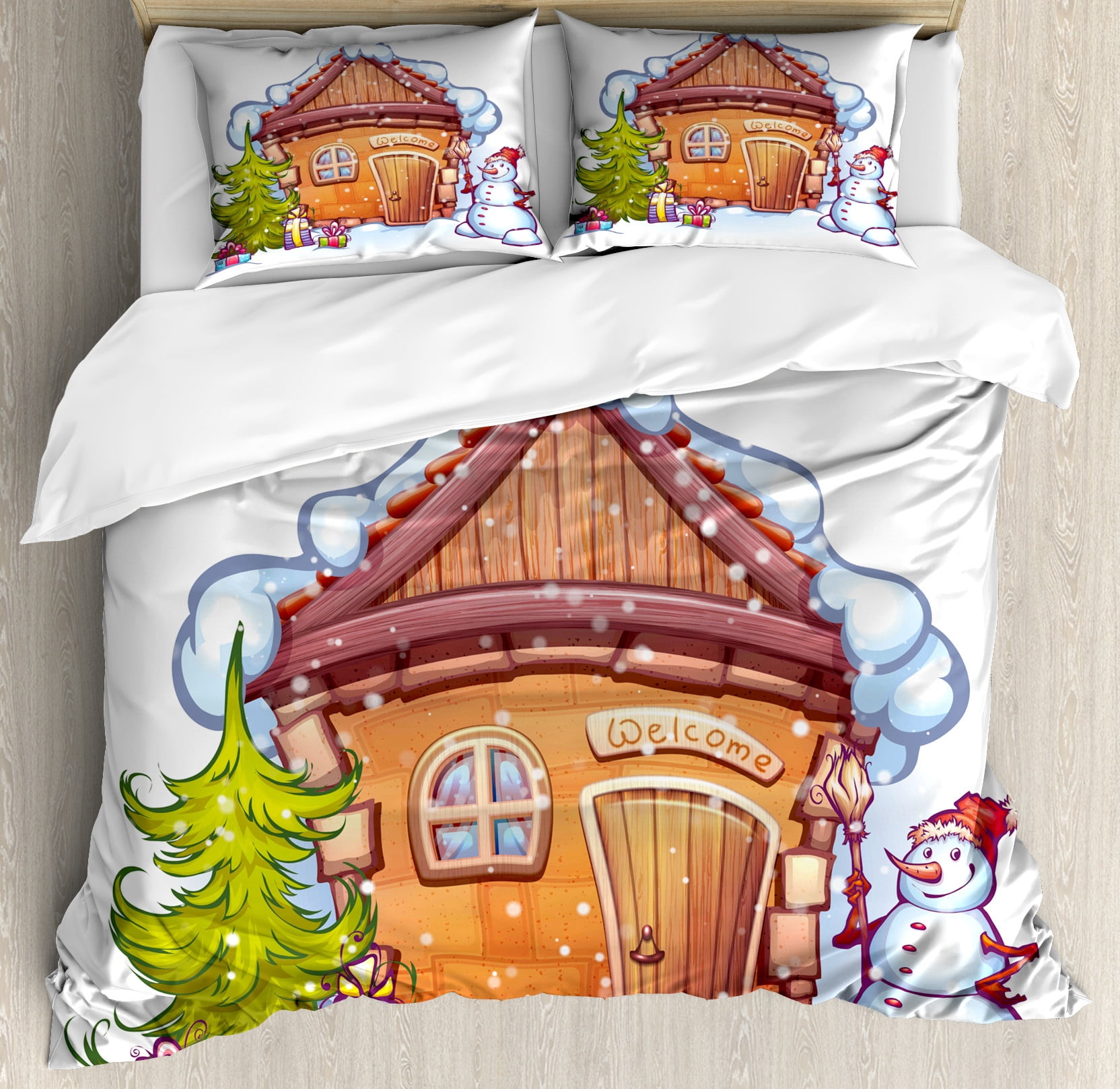 Christmas Duvet Cover Set, Cartoon Style House with Snowy Roof Snowman ...