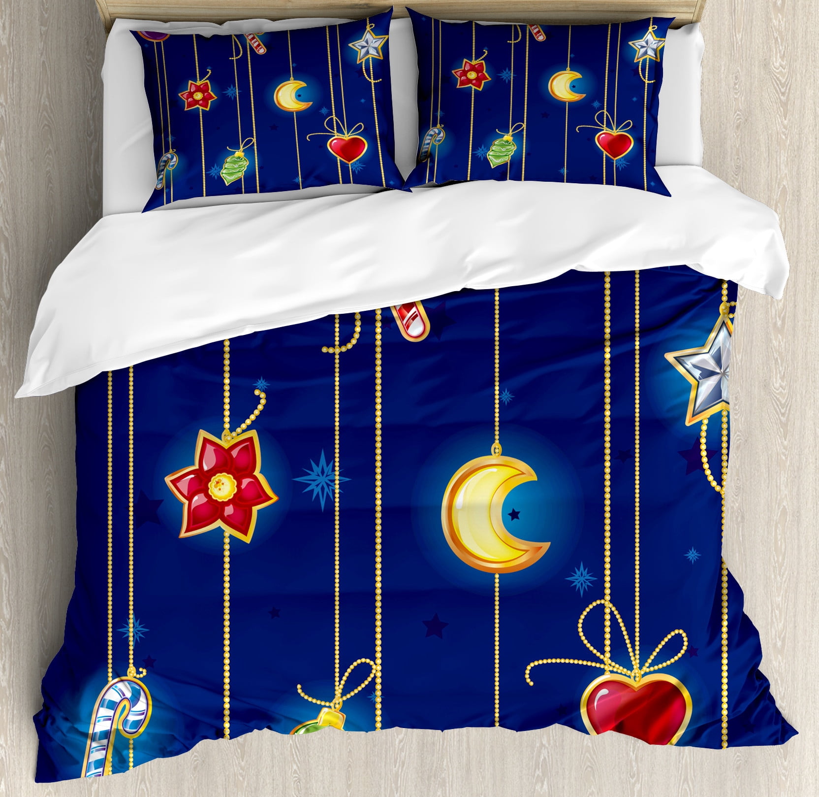 Christmas Duvet Cover Set, Celebratory Object on Stripes Star Moon ...