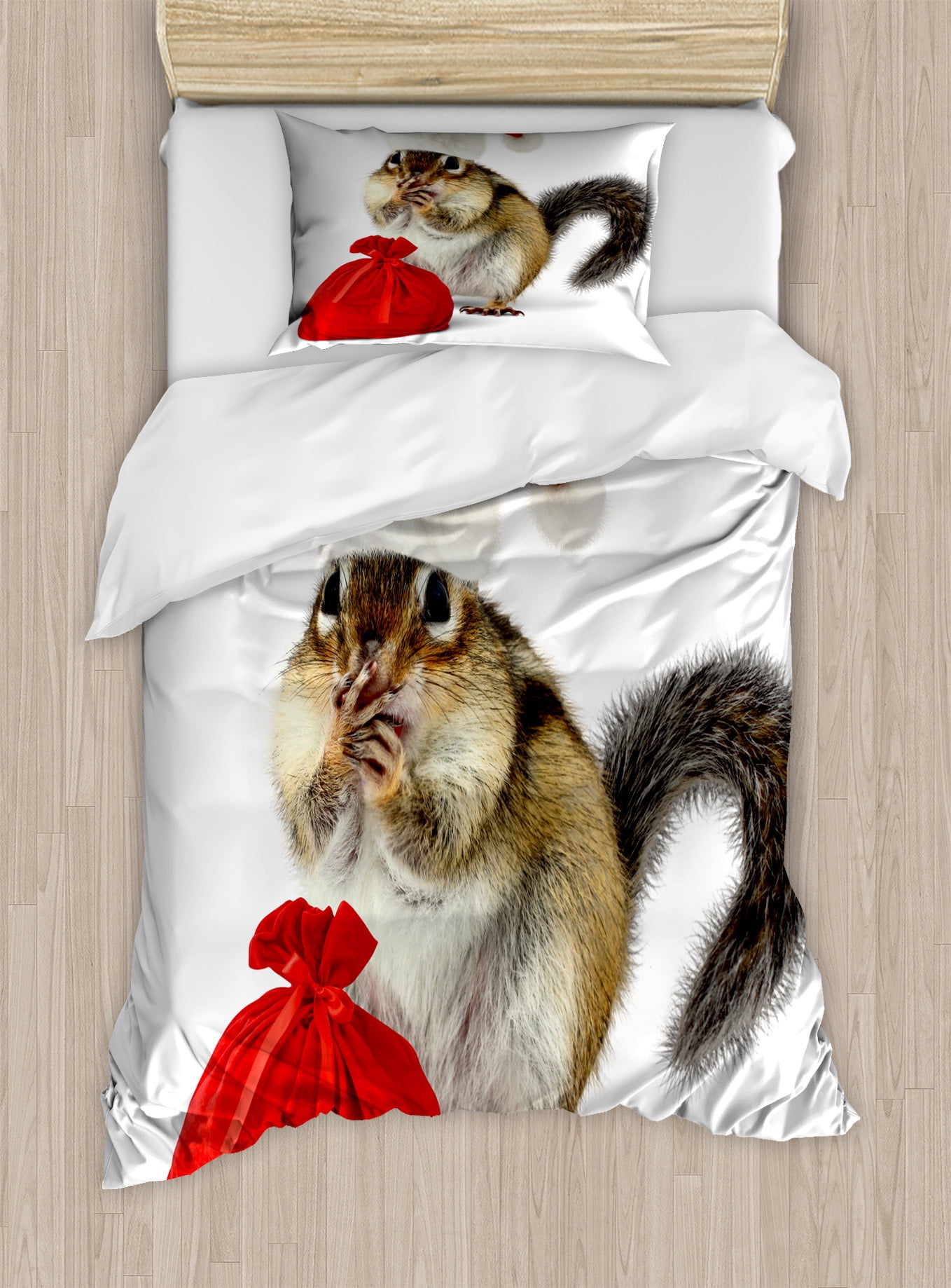 Christmas Duvet Cover Set, Chipmunk in Red Santa Claus Hat and Bag with ...