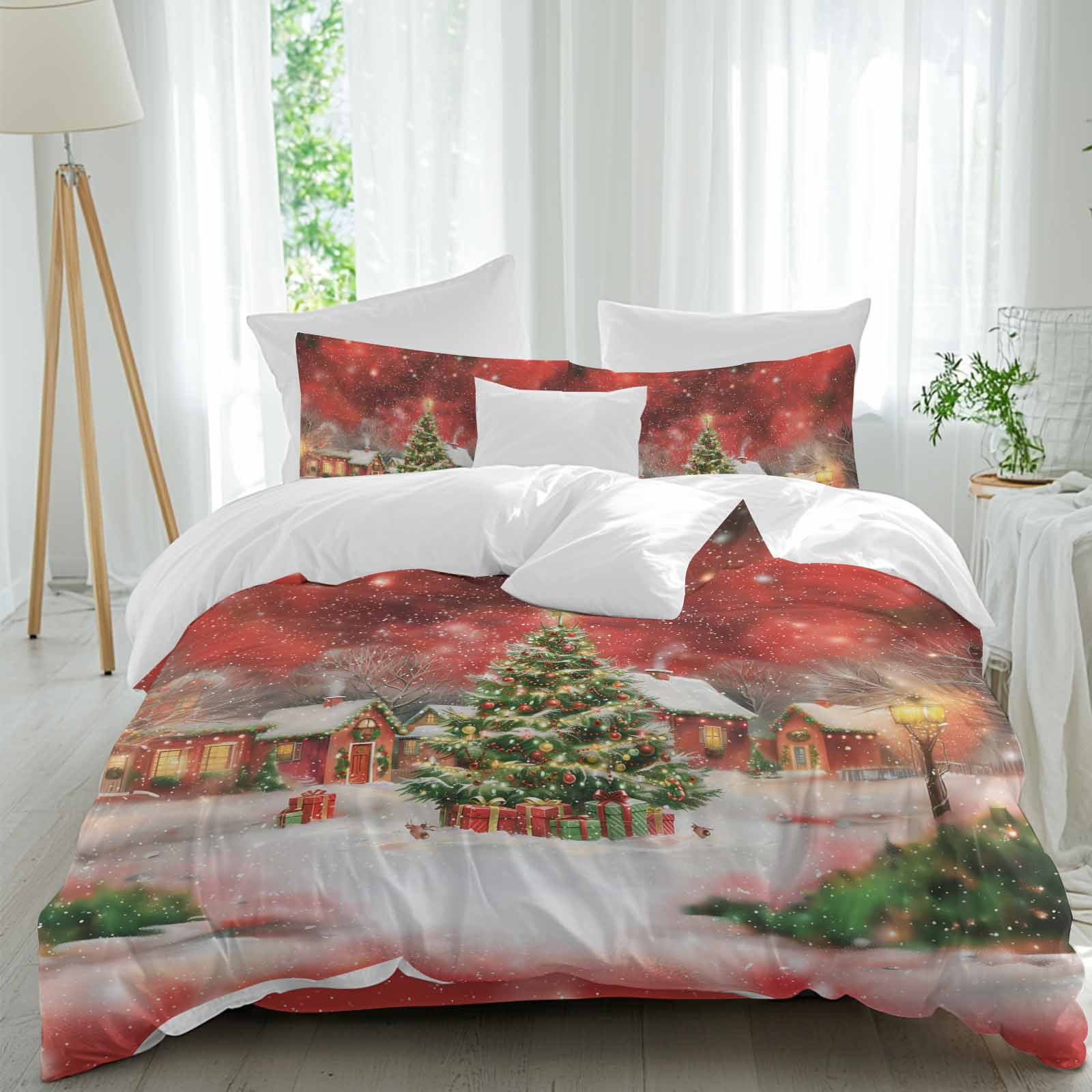 Christmas Duvet Cover Set Full Size, Red View Christmas Tree Hut Light ...