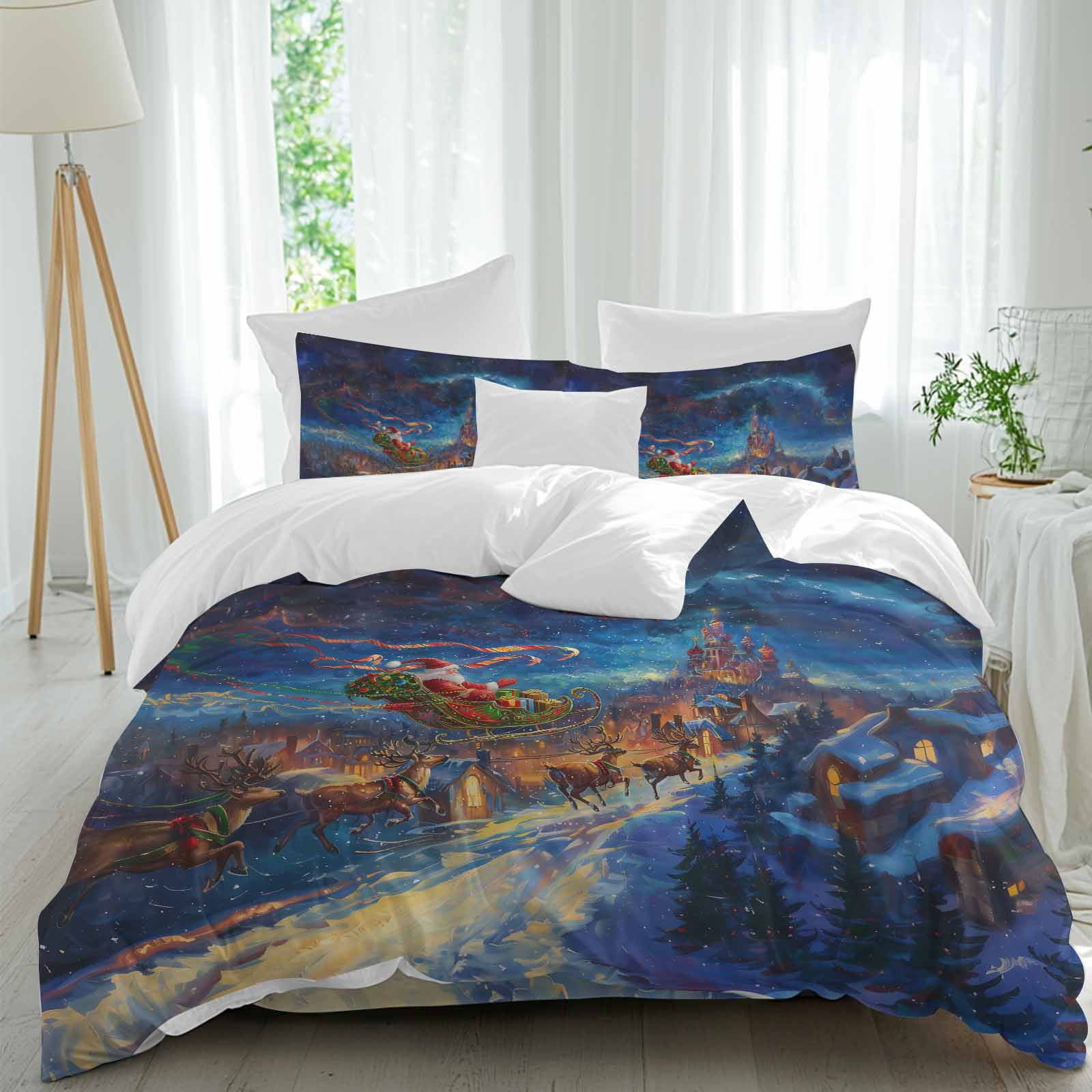 Christmas Duvet Cover Set Full Size, Santa Claus Sleigh Reindeer Aurora ...