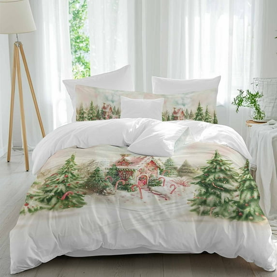 Christmas Duvet Cover Set Full Size, Snow Evergreen Candy House and ...
