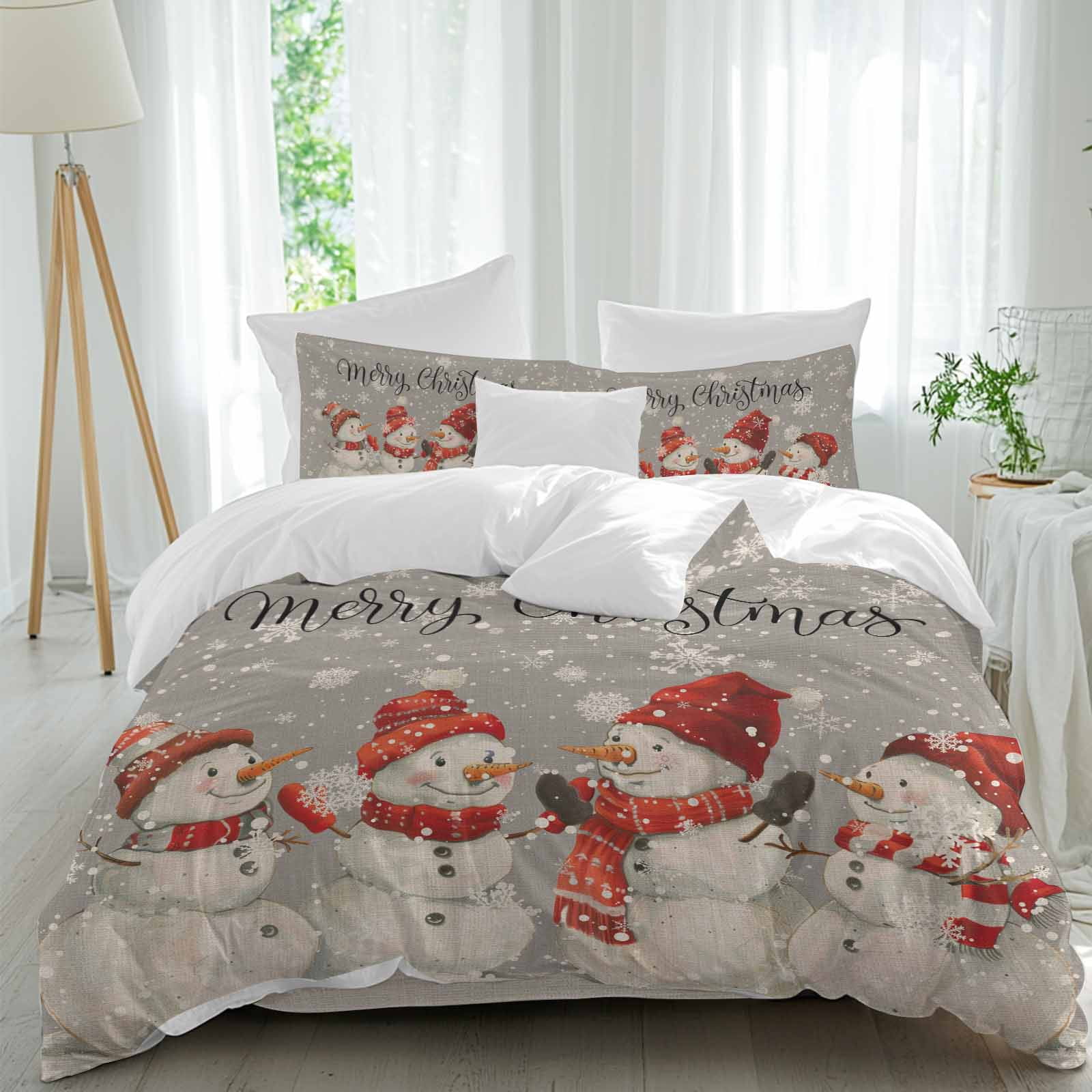 Christmas Duvet Cover Set Full Size, Snowman Watercolor Snowflakes Hand ...