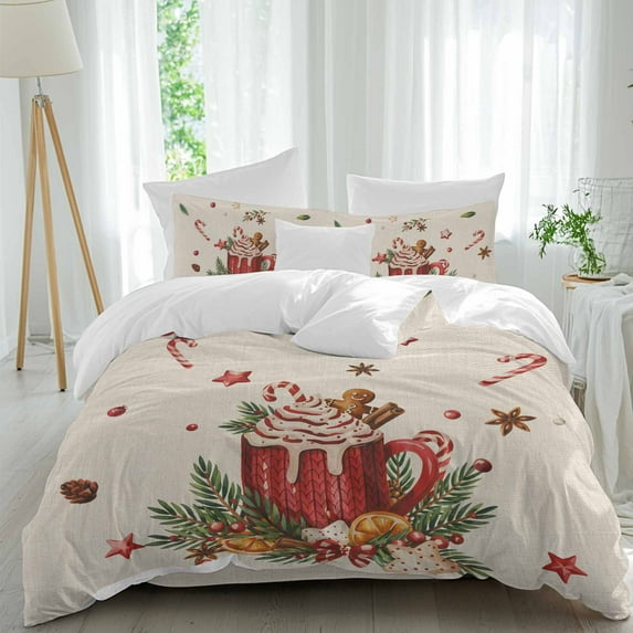 Christmas Duvet Cover Set Full Size, Watercolor Red Cappuccino Linen Texture 4 Piece Soft ...